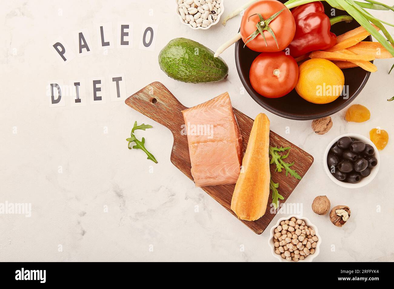 Paleo Diet text with food - chicken meat, smoked salmon, vegetables and ...