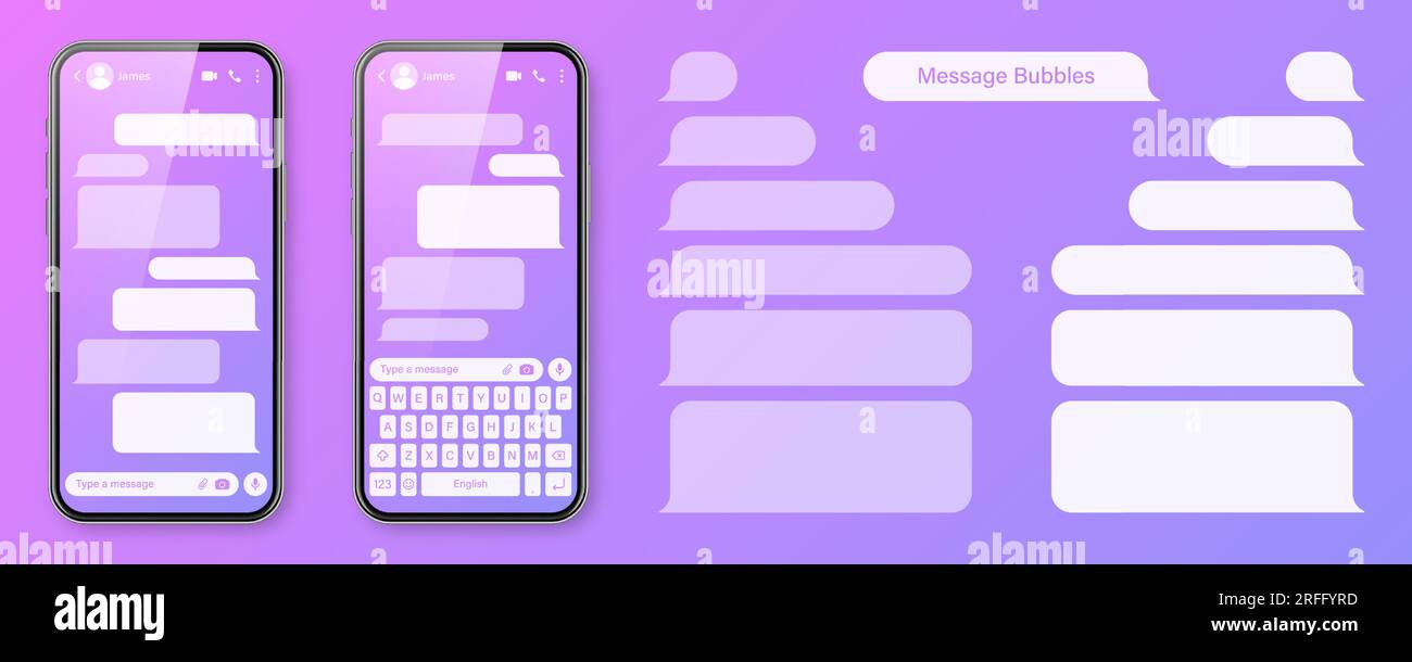 Realistic smartphone with messaging app on colorful violet background ...