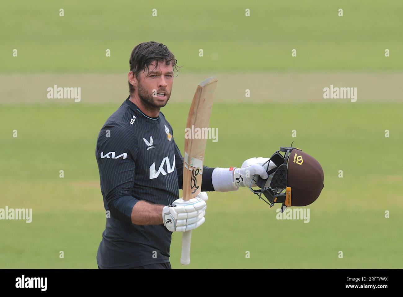 London, UK. 3rd Aug, 2023. Surrey's Ben Foakes gets his hundred as ...