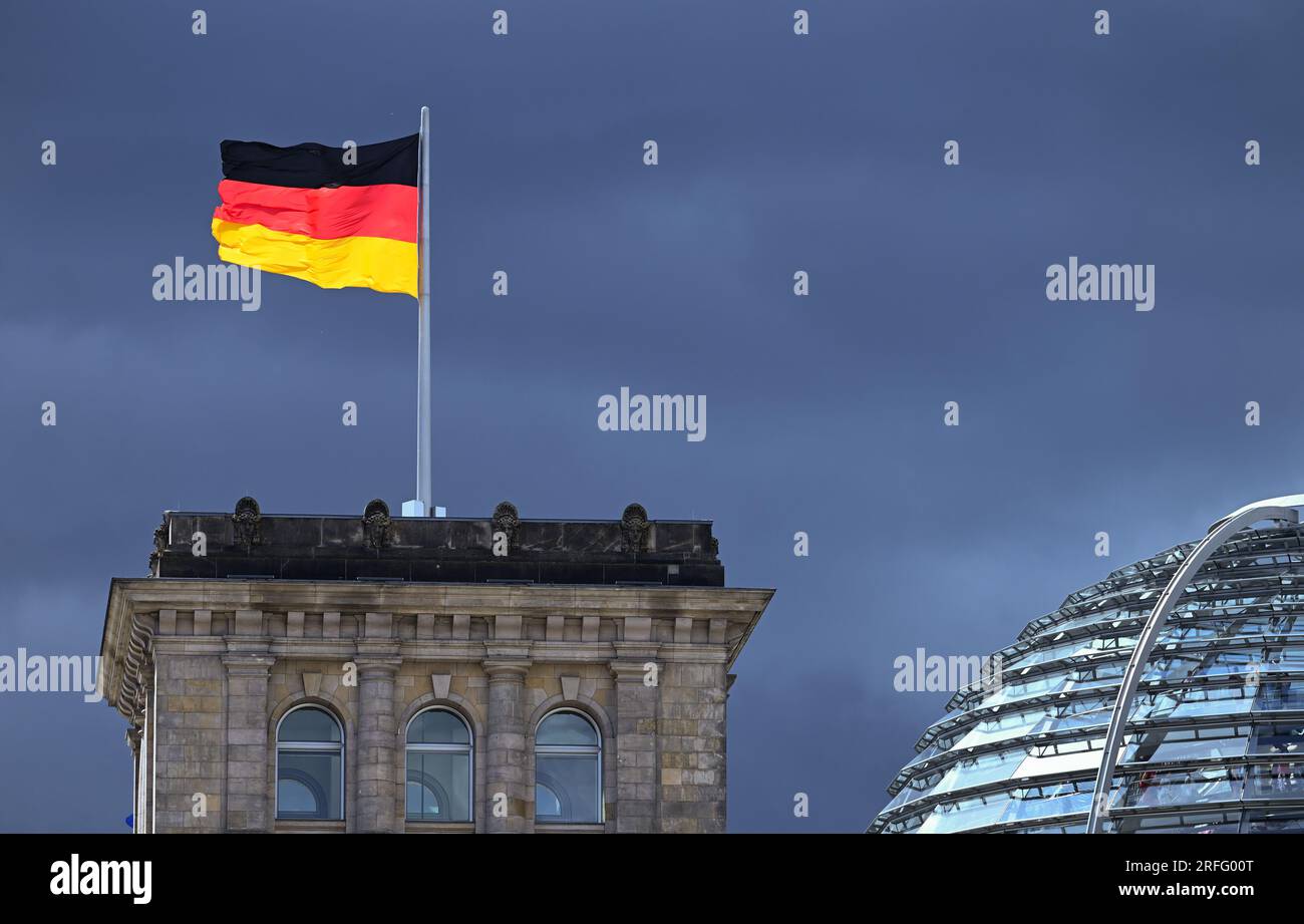 Berlin, Germany. 03rd Aug, 2023. One of the flags on the Reichstag ...