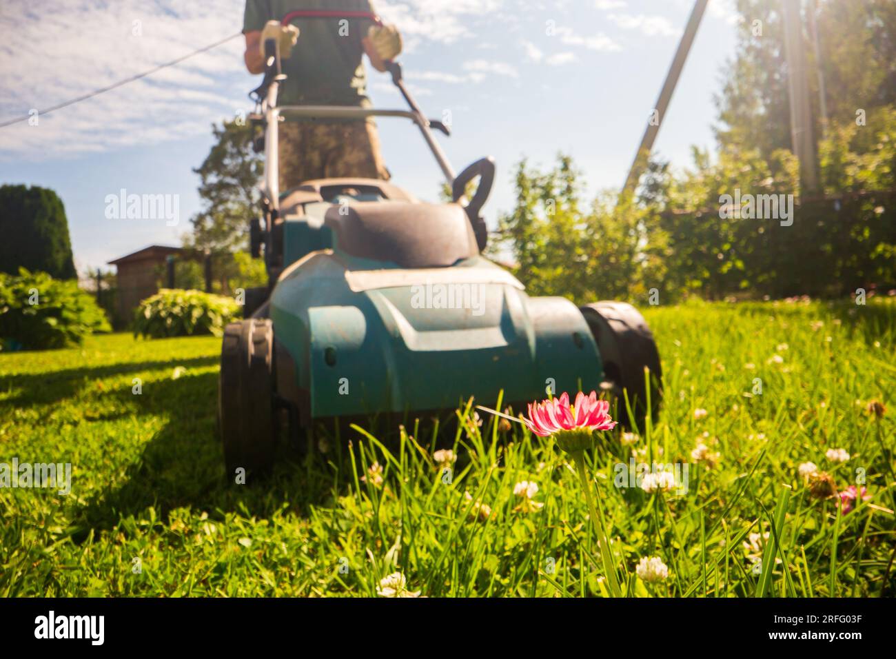 Lawn mover on green grass in modern garden or backyard. Machine for ...