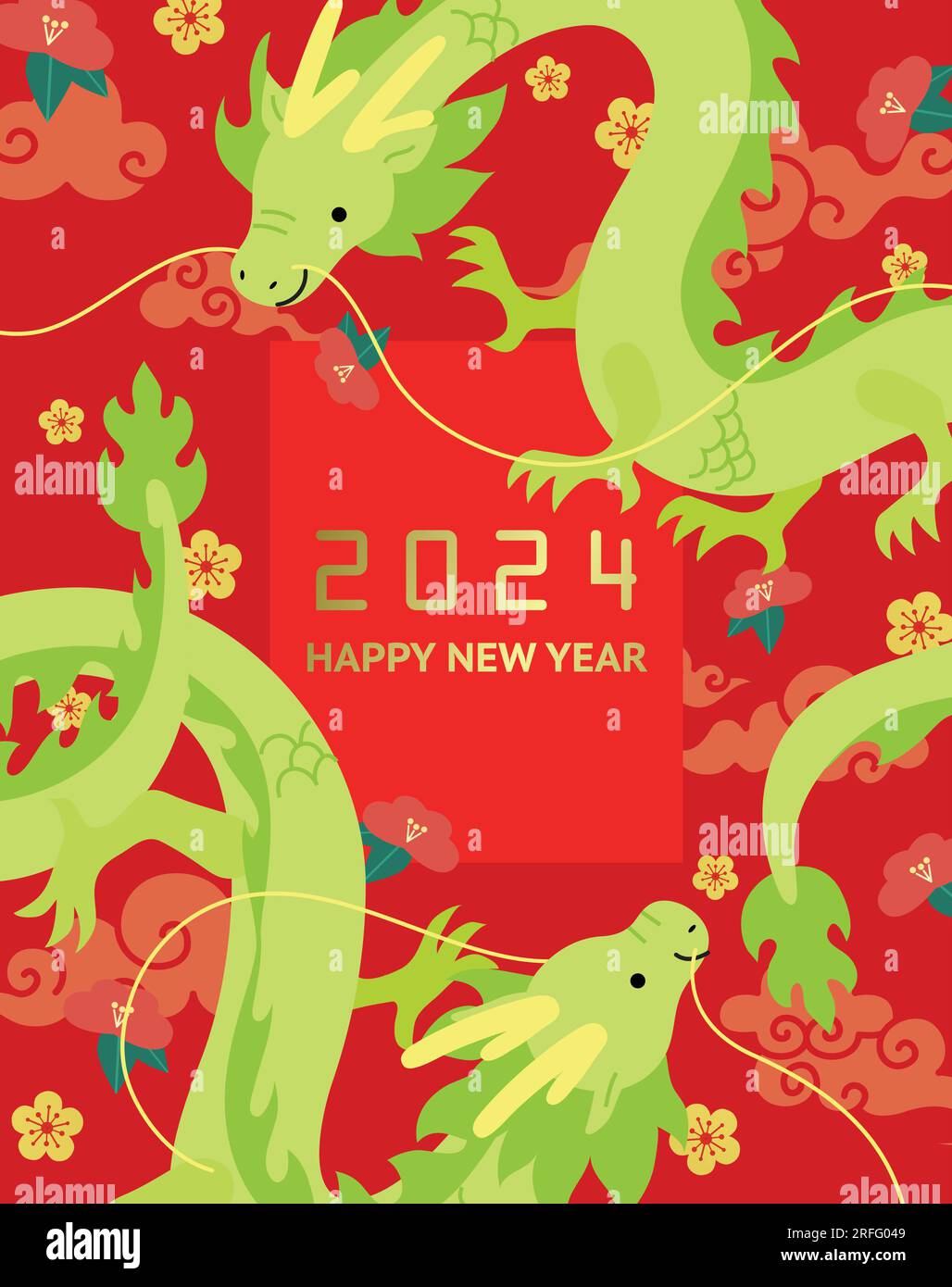 Two chinese dragons new year 2024 card with auspicious clouds and ...