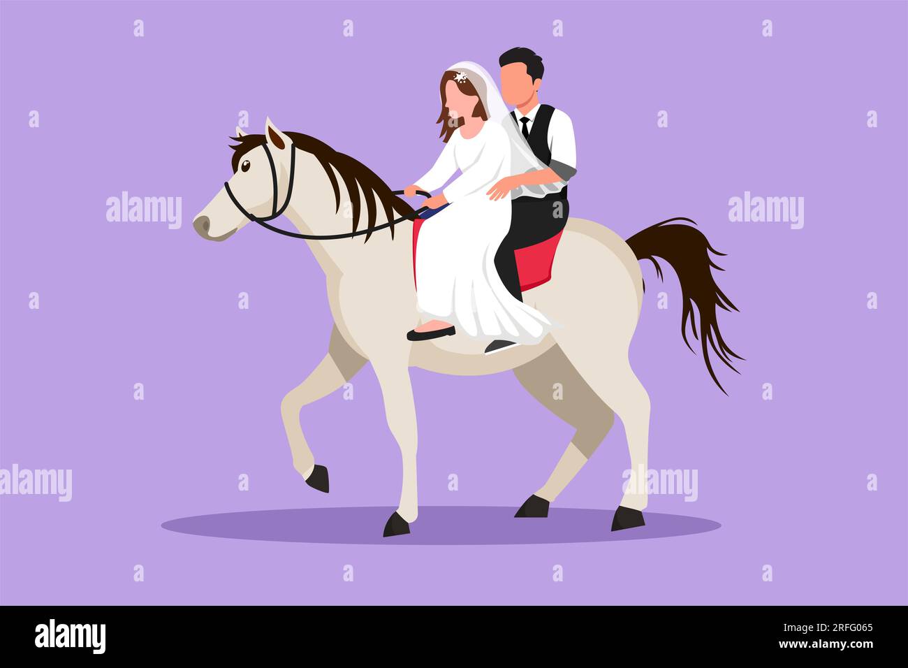 Graphic flat design drawing married couple in love horseback riding ...