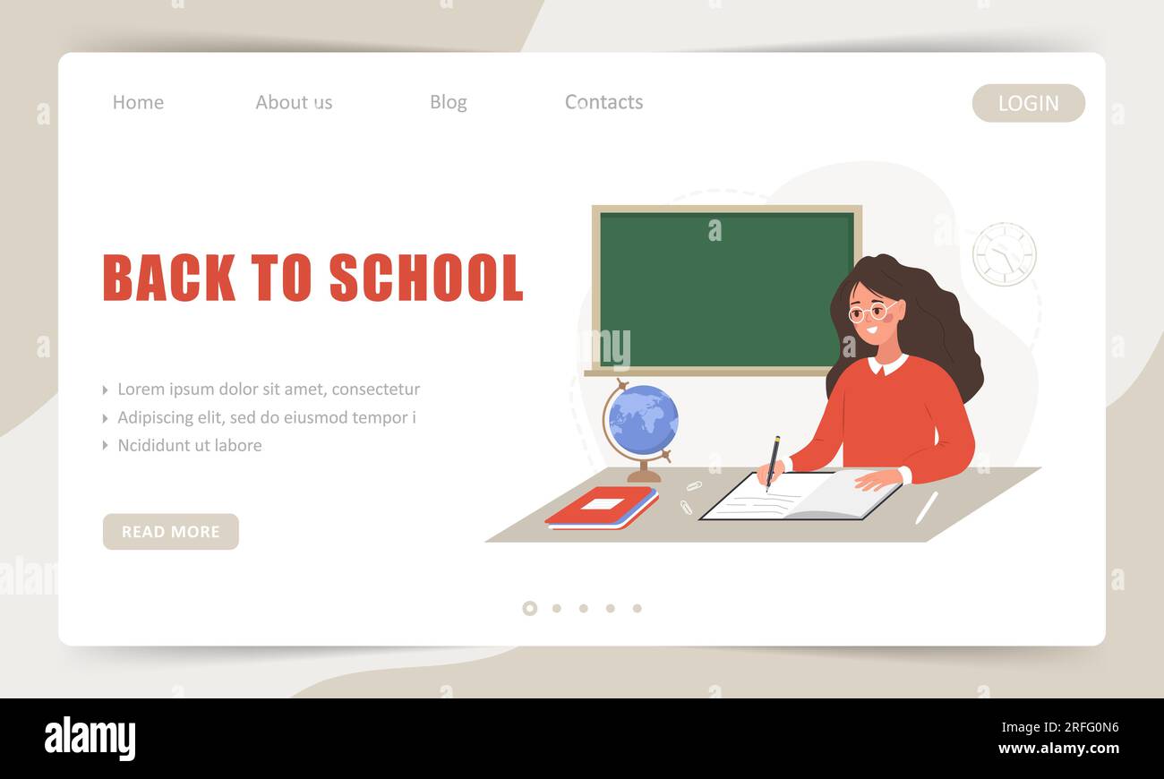 Back to school. Landing page template. Female teacher in classroom is sitting at table and ...