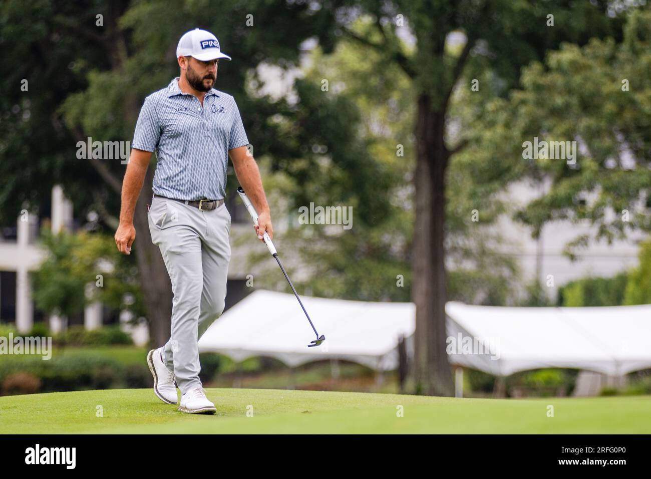 August 3, 2023: Stephan Jaeger walks on to the ninth green on the first ...