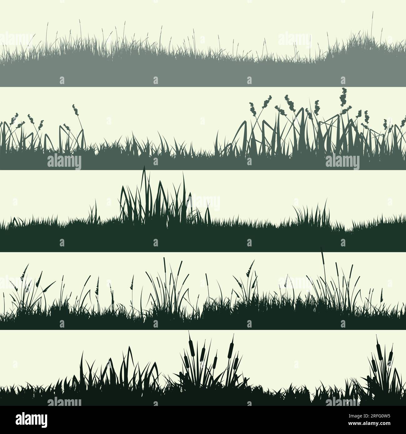 Meadow silhouettes with grass, plants on plain. Panoramic summer lawn ...