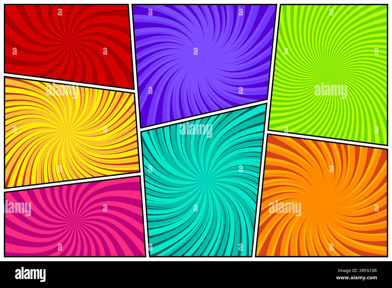 Colorful twisted comic book radial rays, lines. Comics background with ...