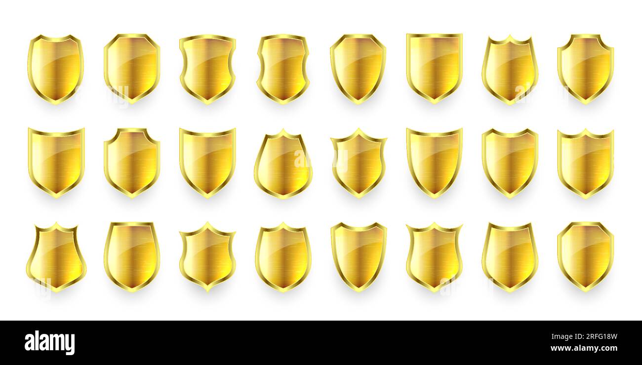 Set of various vintage 3d metal shield icons. Shiny golden heraldic ...
