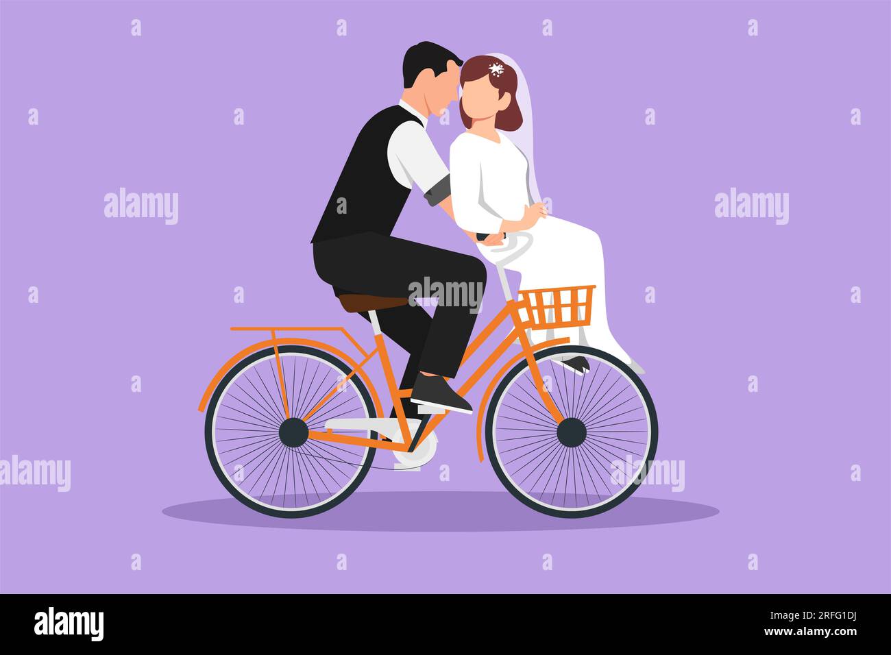 Cartoon flat style drawing romantic married couple riding bicycle ...