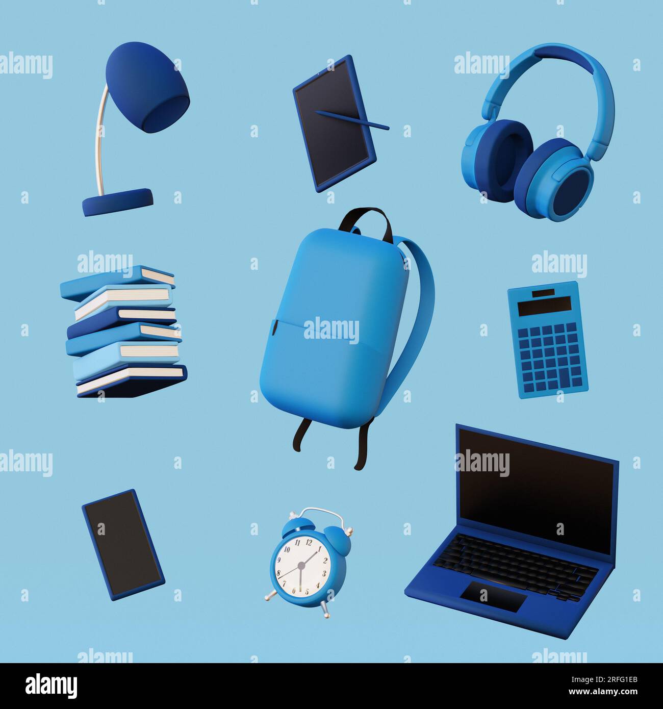 3d school supplies. bag, headphones, stack of books, ball, smartphone ...