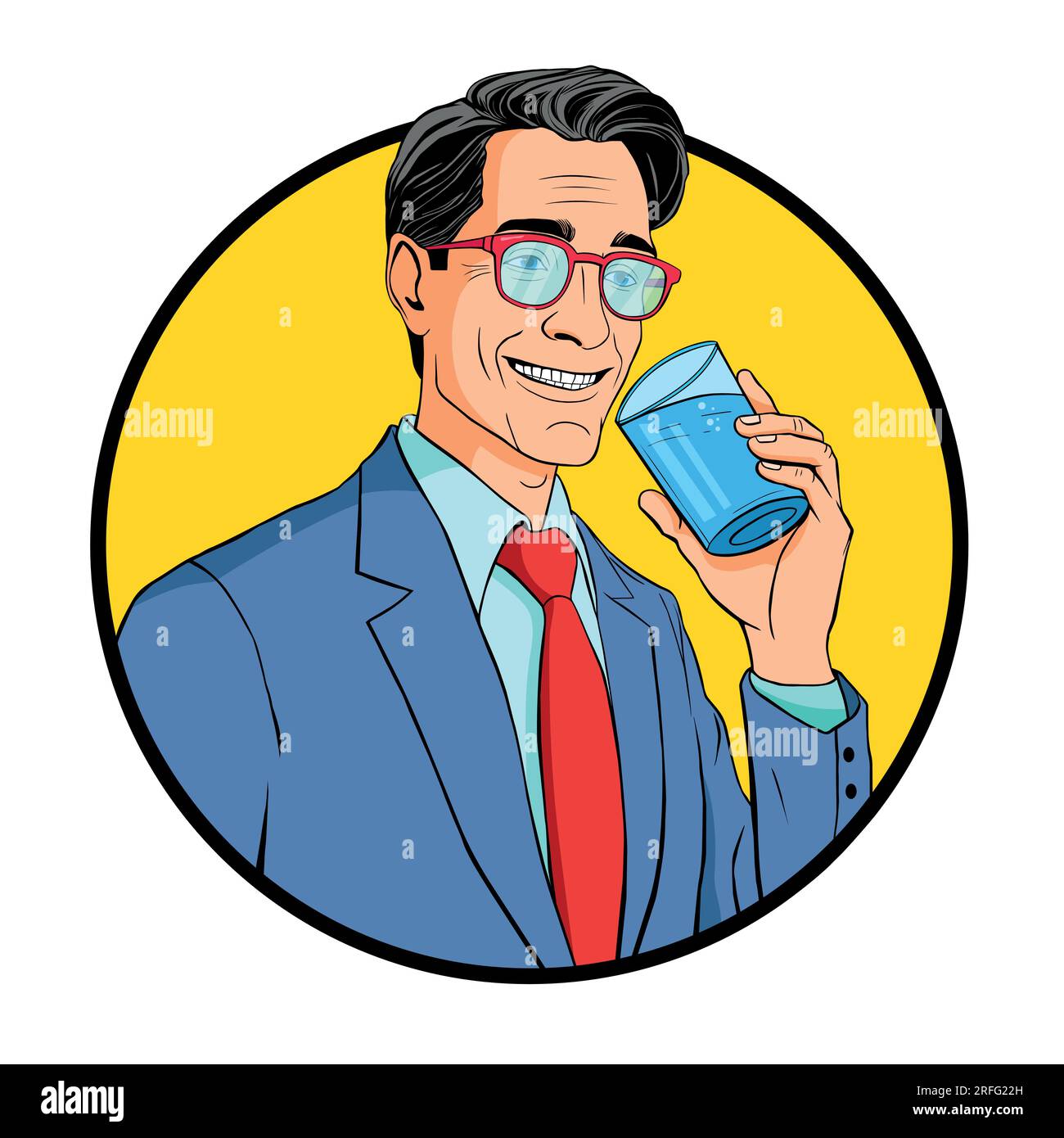 Attractive man is drinking water from a glass. Pop-art style on a white ...