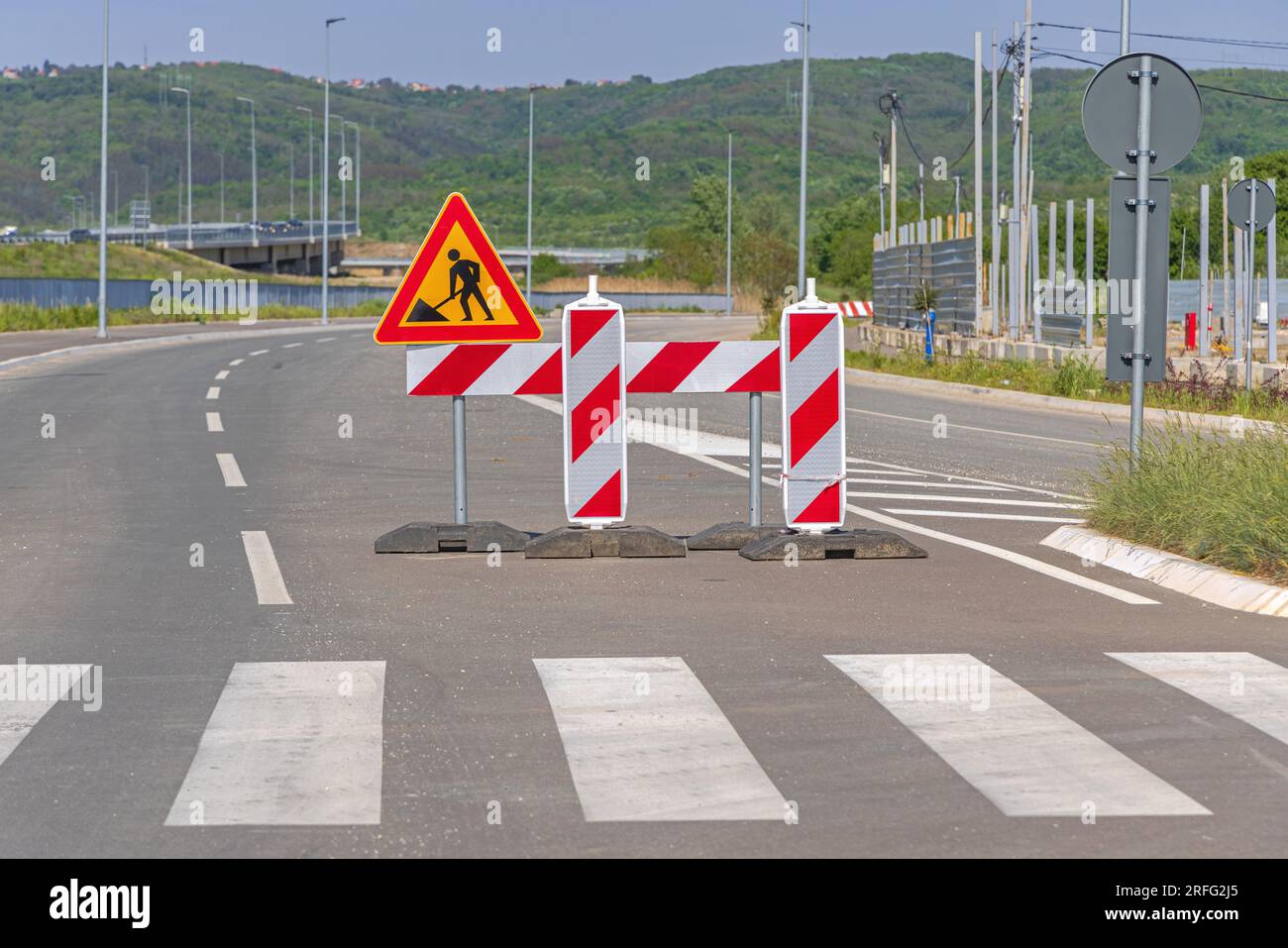 Road Works Traffic Sign Construction Barrier at Street Stock Photo - Alamy