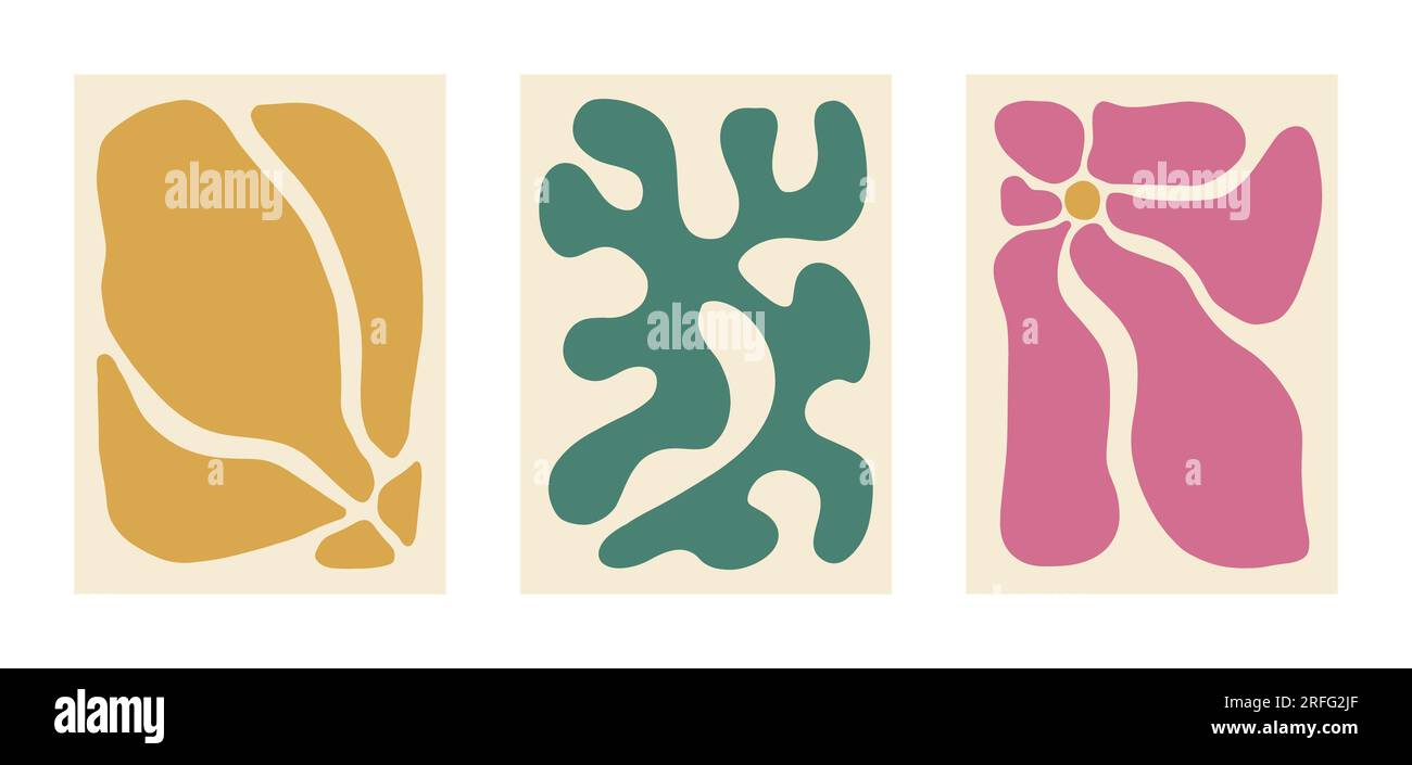 Naive Doodle Curve Aestethic Poster Set in Yellow, Green, Pink Color ...