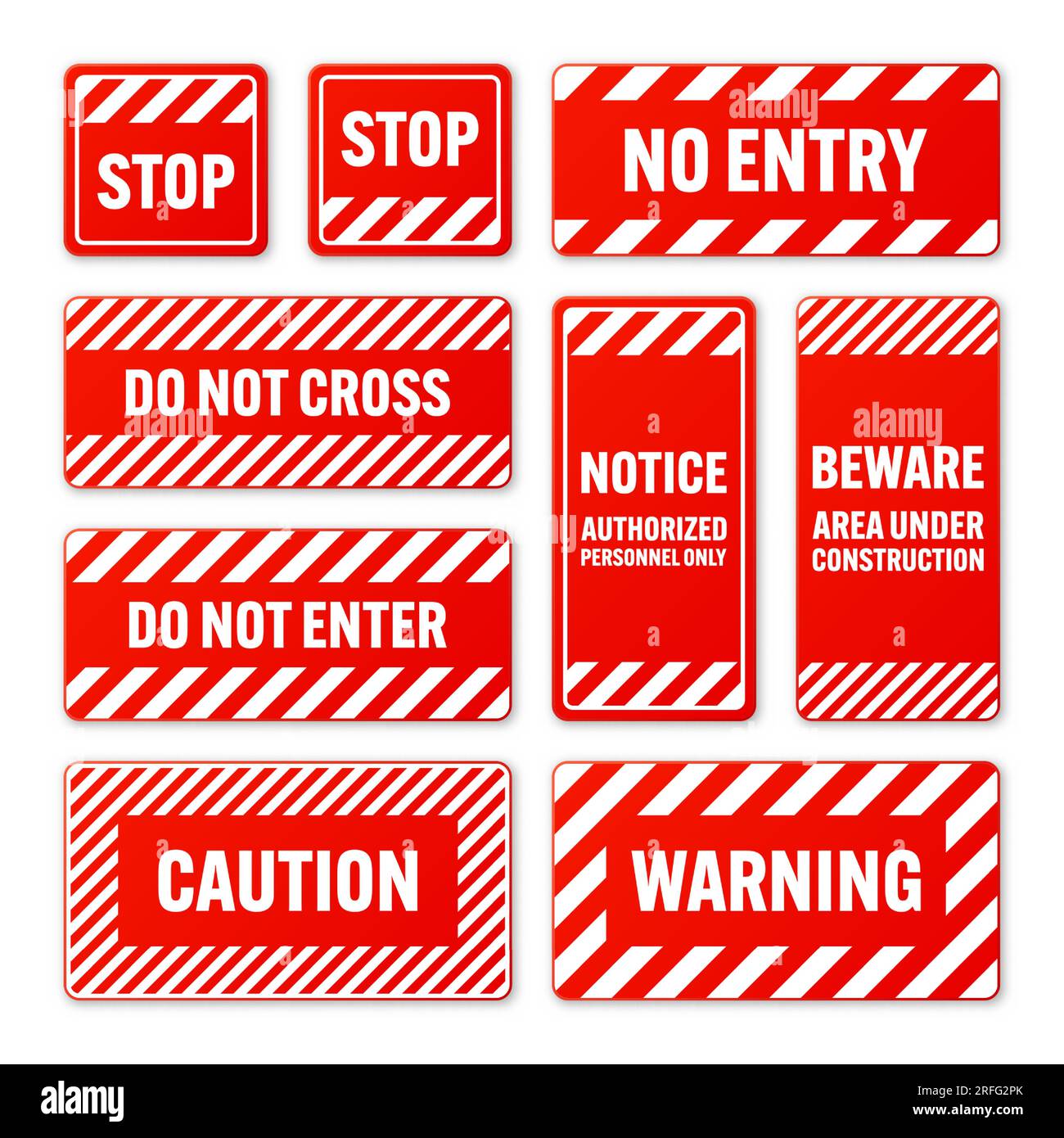 Various white and red warning signs with diagonal lines. Attention ...