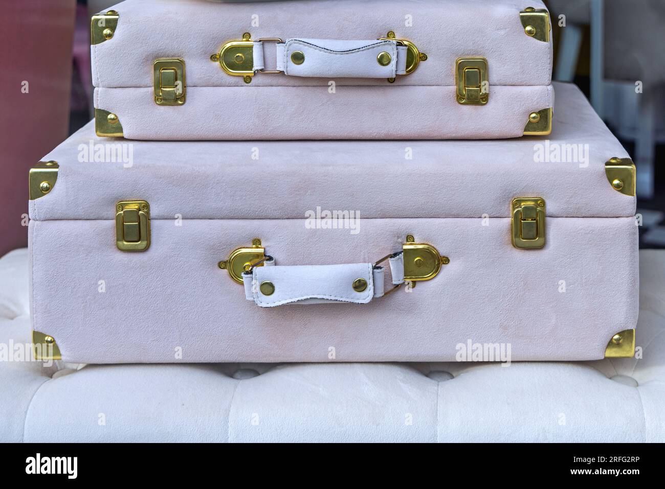 Plush Suitcases With Gold Details Luxury Style Luggage Set Stock Photo ...