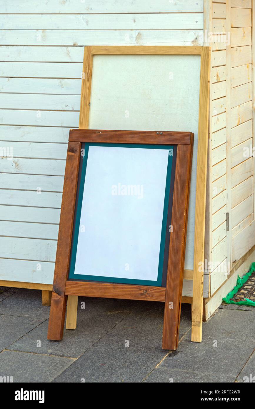 Wooden Advertising Poster A Frames Sign Behind White Cabin Stock Photo ...