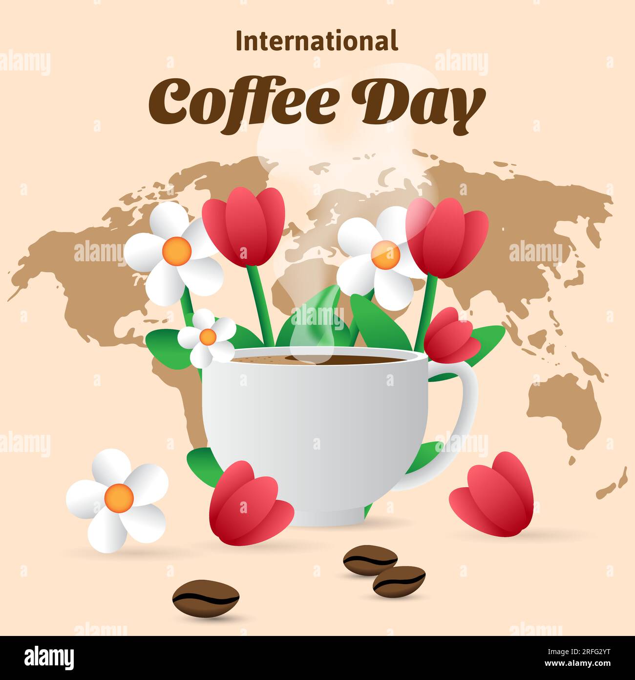 international coffee day background with coffee cup, flowers and world ...