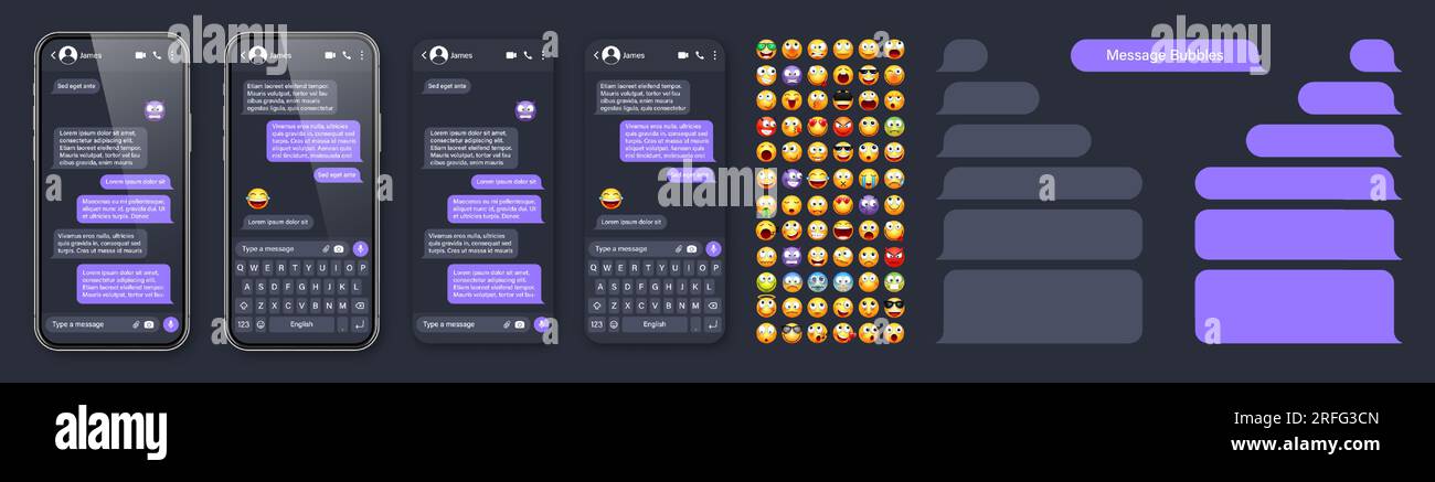 Smartphone messaging app, user interface with emoji. SMS text frame ...
