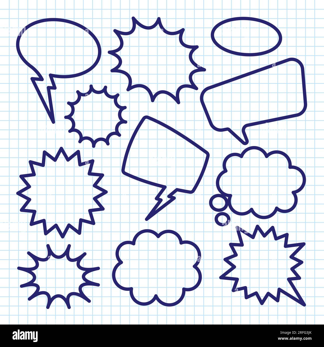 Hand drawn comic speech bubbles on checkered paper sheet. School ...