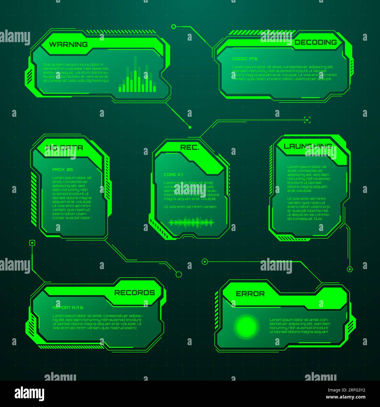 Green futuristic HUD, UI elements. Sci-fi user interface text boxes ...