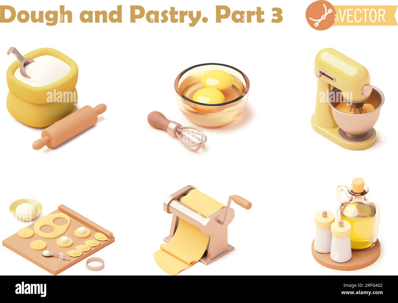 Vector isometric bakery icon set. Kneading dough, baking bread and pastry. Kitchen equipment ...