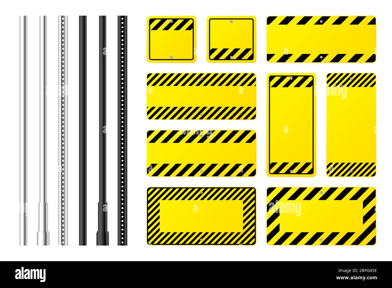 Warning, danger signs, attention banners with metal poles. Blank yellow ...