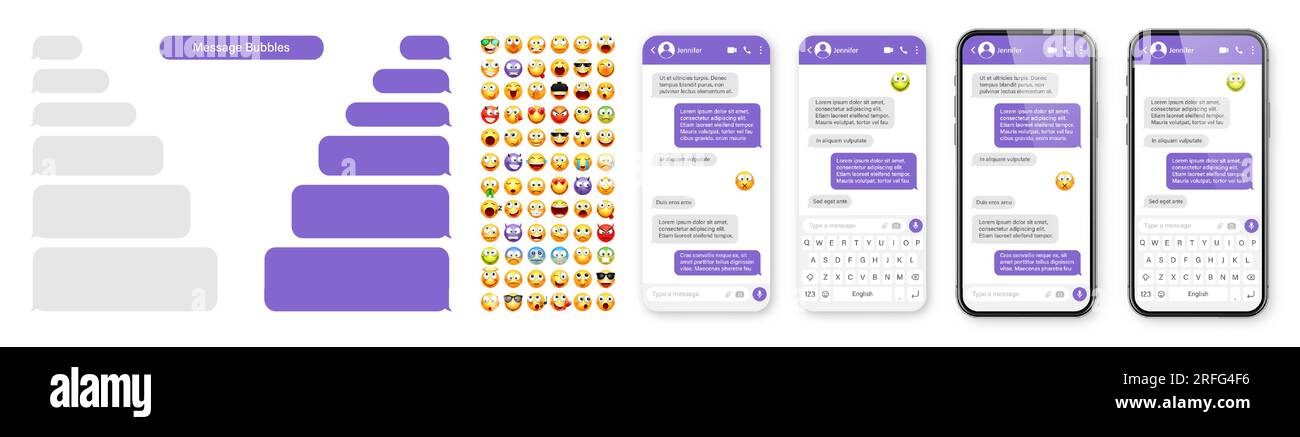 Smartphone messaging app, user interface design with emoji. SMS text ...