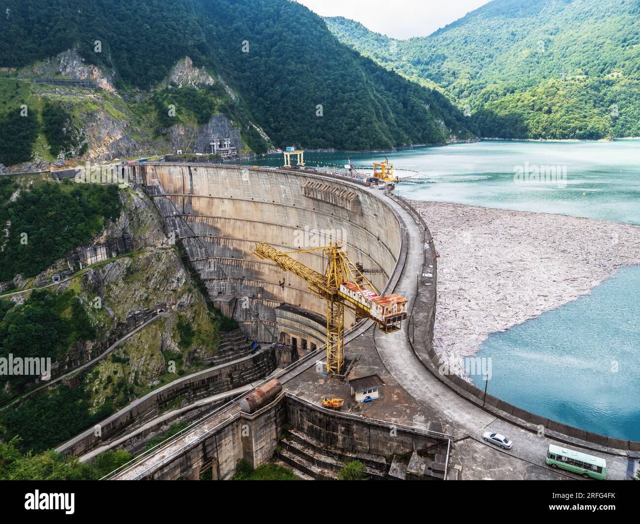 Hydroelectric power plant. Aerial view from drone of huge water dam ...