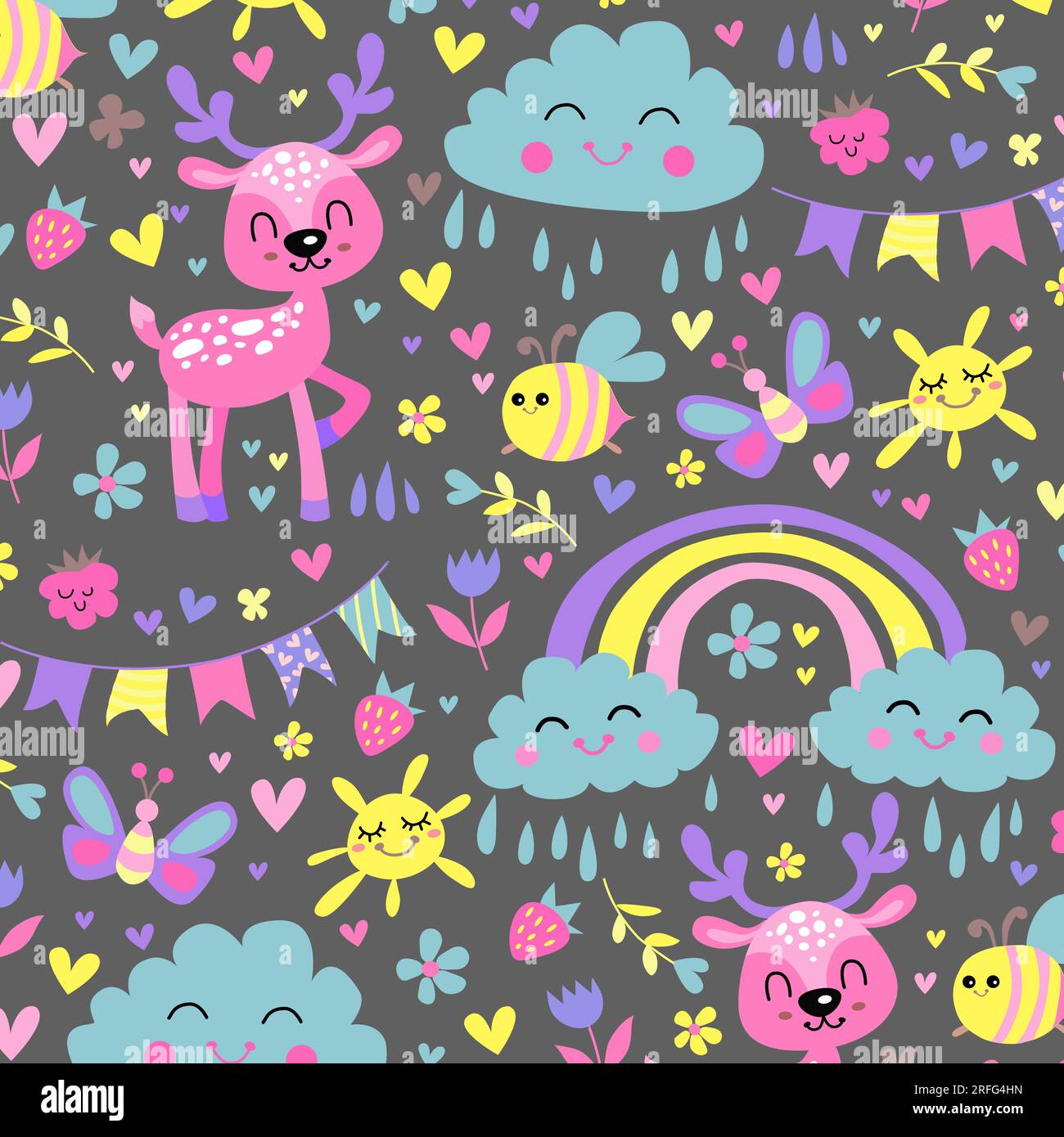Cute kids pattern with animals, cloud, rainbow, berries and flowers ...
