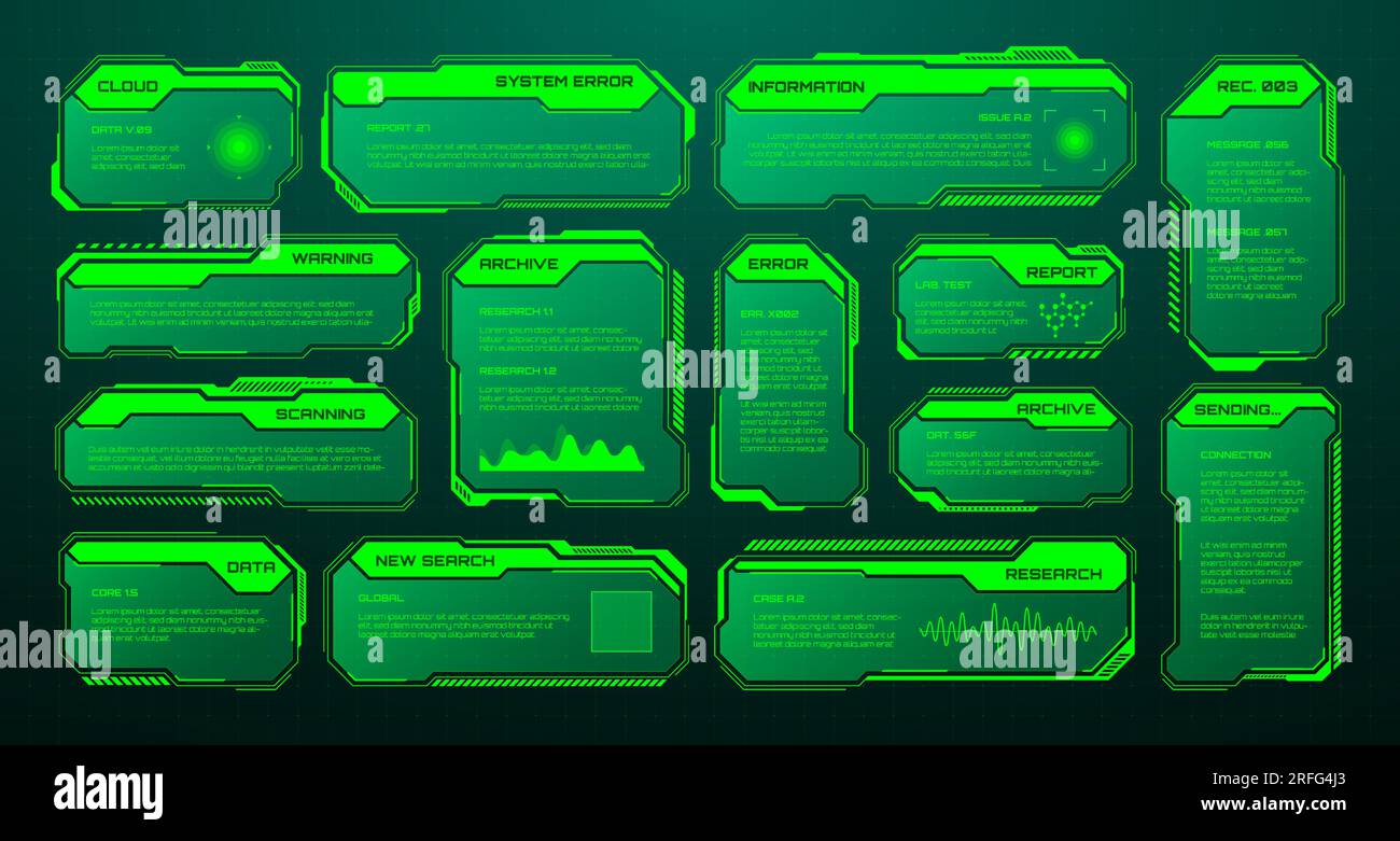 Green futuristic HUD, UI elements. Sci-fi user interface text boxes ...