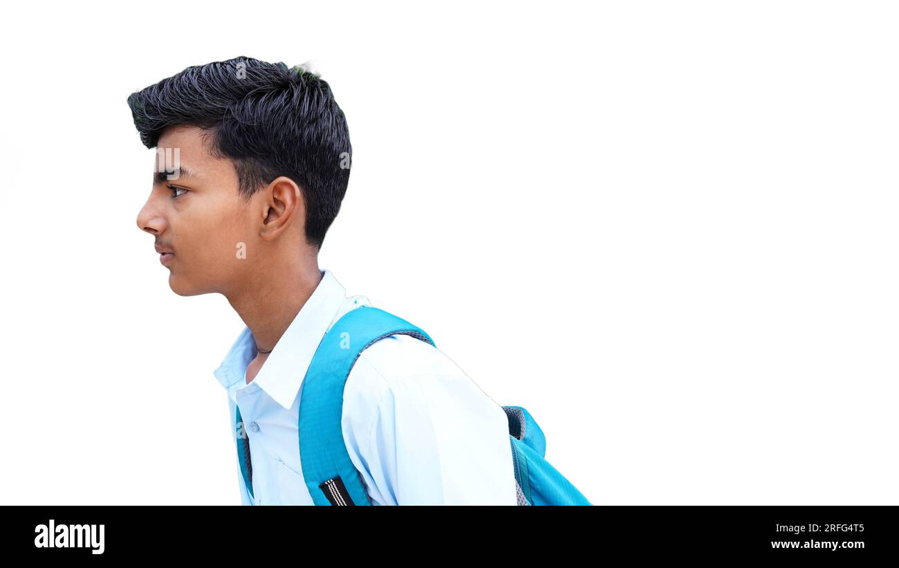 Young boy teen student wear school uniform backpack isolated on white ...