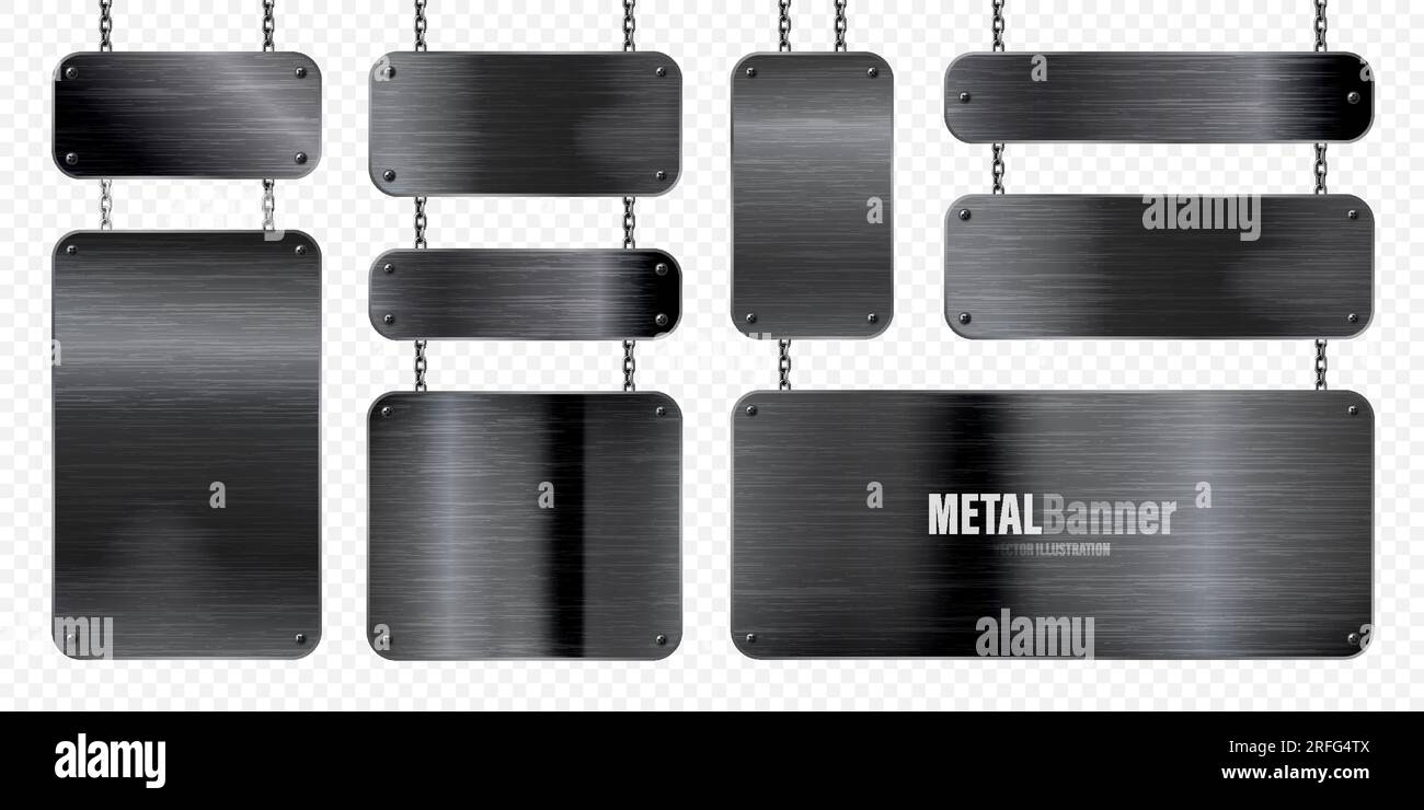 Metal banners hanging on a chain. Realistic shiny steel plate with ...
