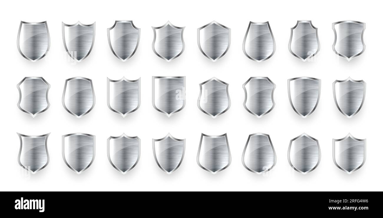 Set of various vintage 3d metal shield icons. Shiny steel heraldic ...