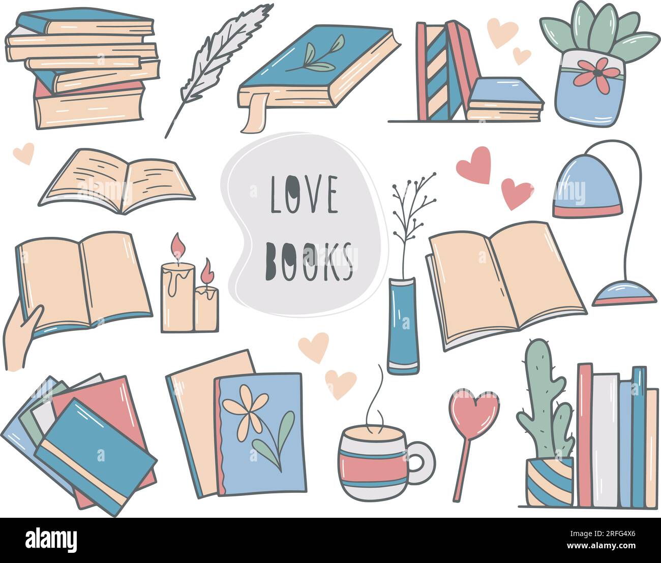 Hand drawn set for book lovers. Various books and notebooks, stack of ...