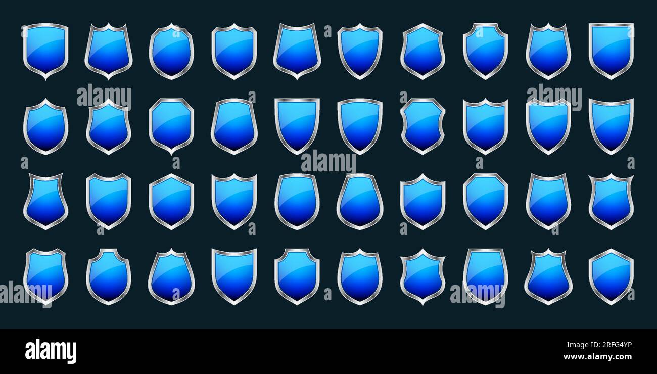 Set of various vintage 3d shield icons. Black heraldic shields. Blue ...