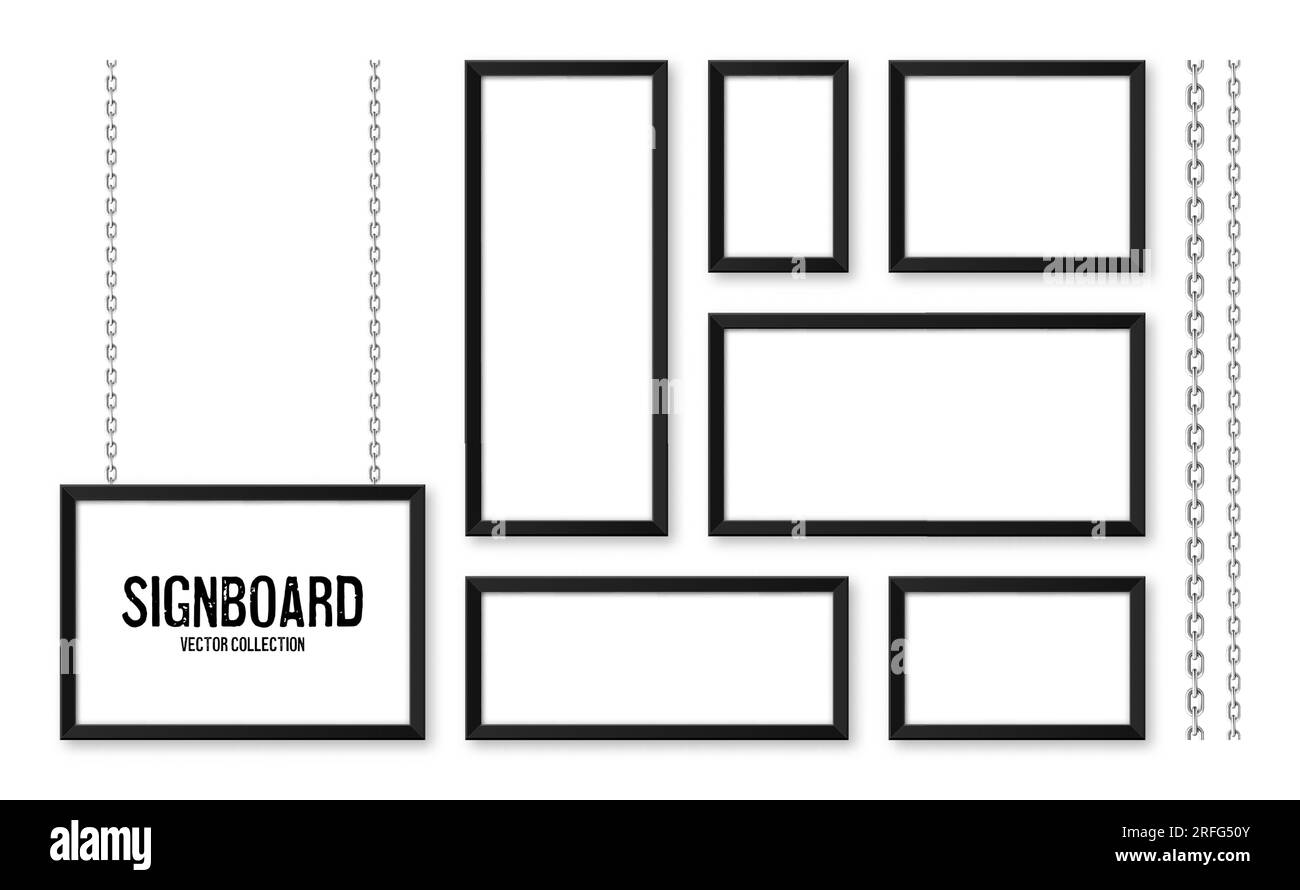 Black signboards hanging on a metal chain. Restaurant menu board ...