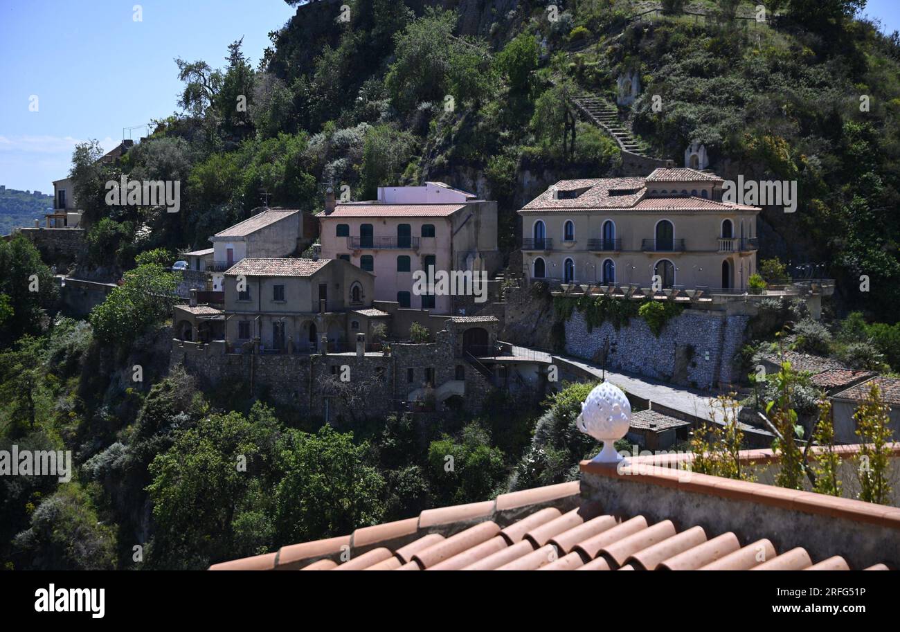 Rural landscape with scenic view of Savoca in Sicily, Italy Stock Photo ...
