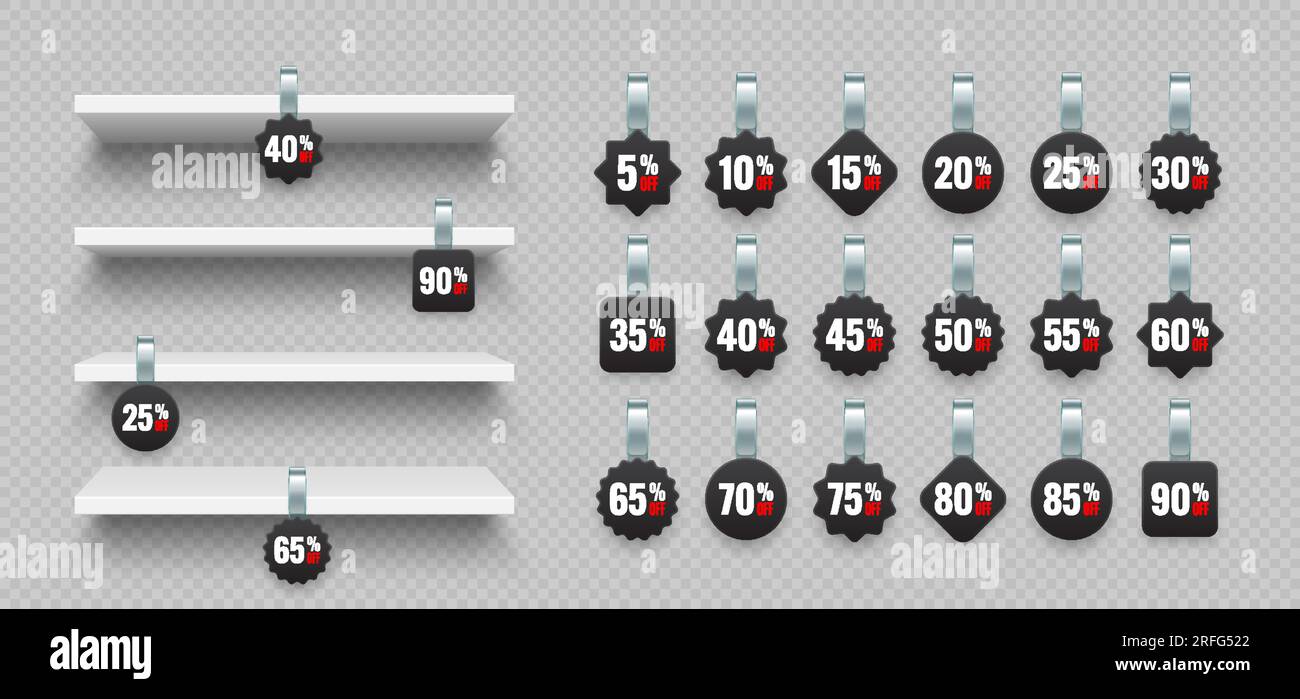 Store shelves with supermarket promotional wobblers. Product shelf and ...