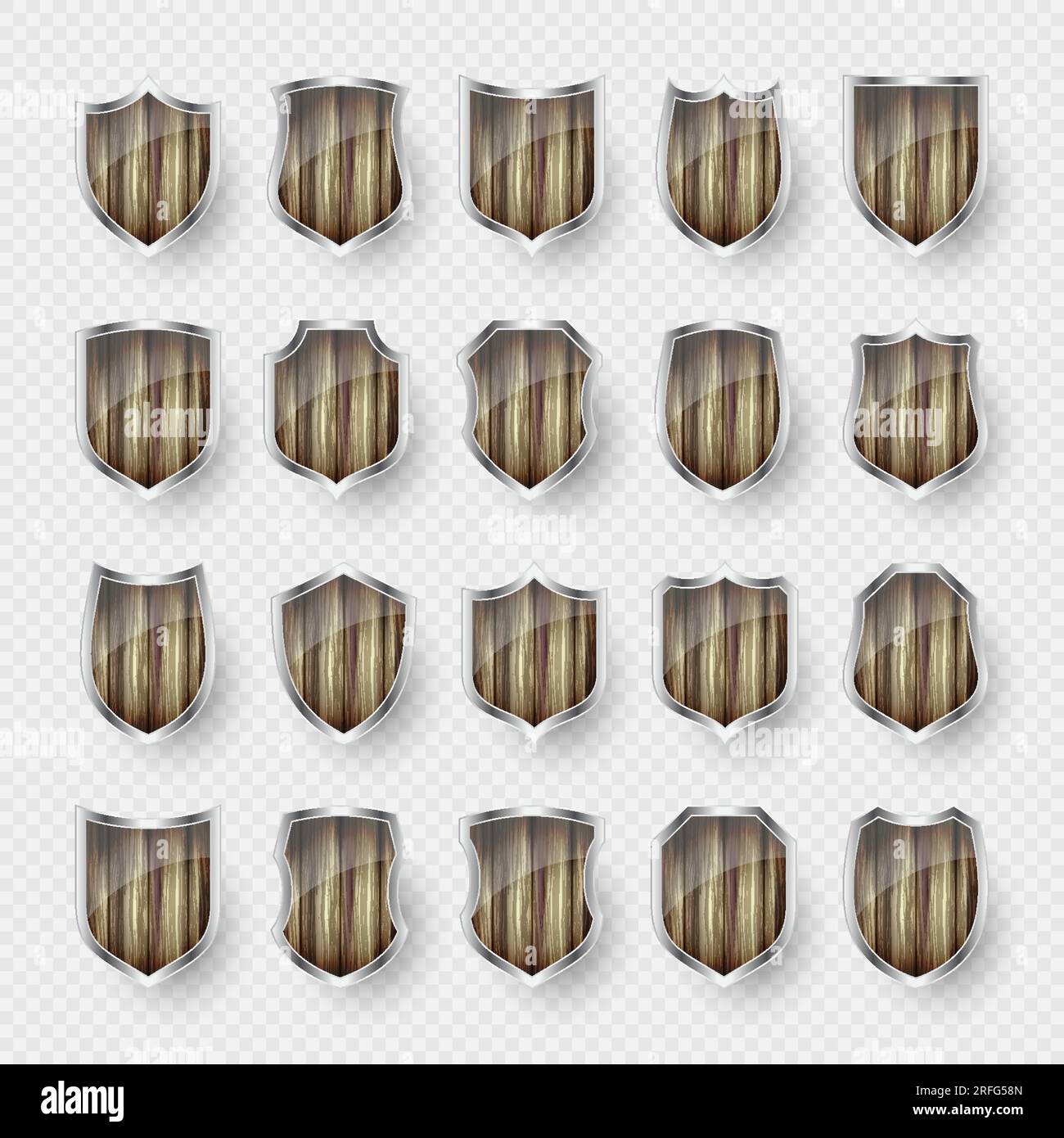 Set of wooden vintage shield icons. Black heraldic shields. Protection ...