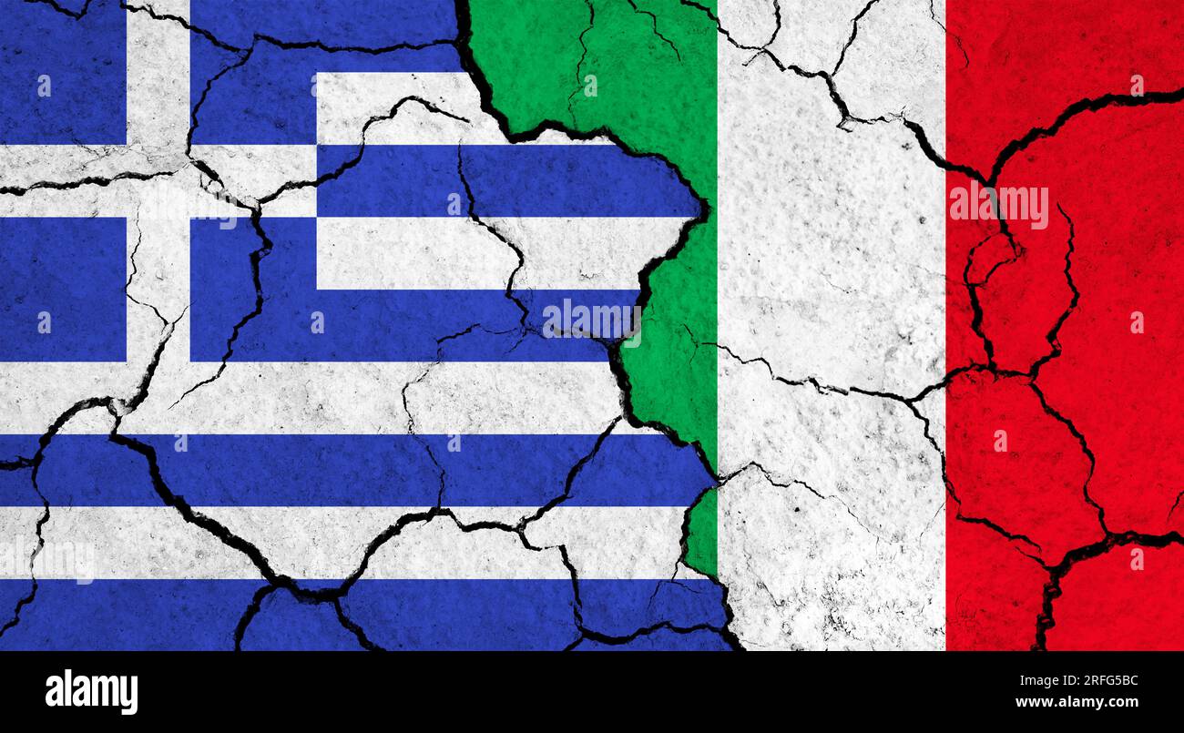 Flags of Greece and Italy on cracked surface - politics, relationship ...