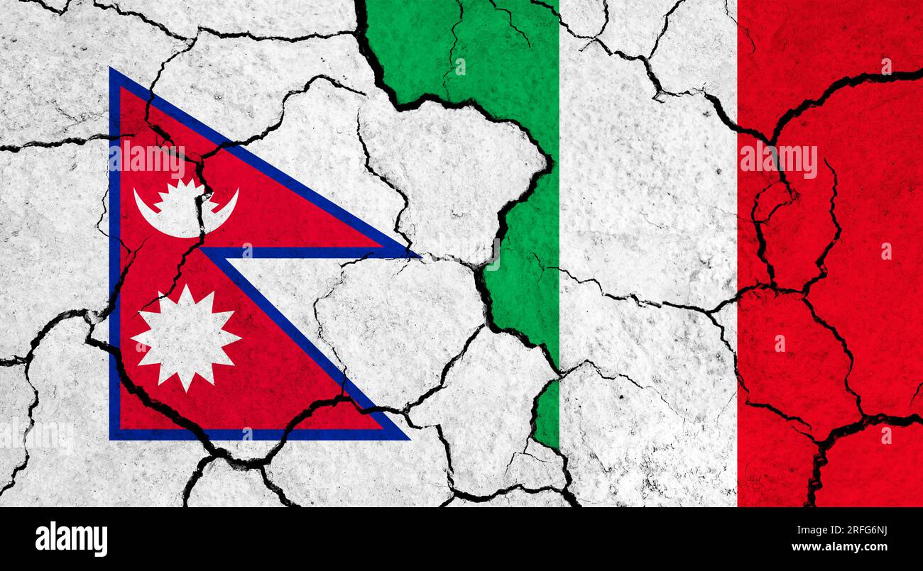 Flags of Nepal and Italy on cracked surface - politics, relationship ...