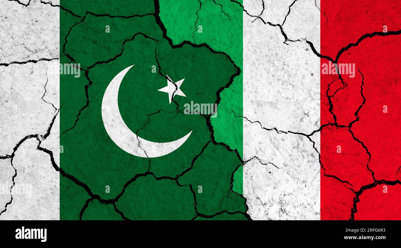 Flags of Pakistan and Italy on cracked surface - politics, relationship ...