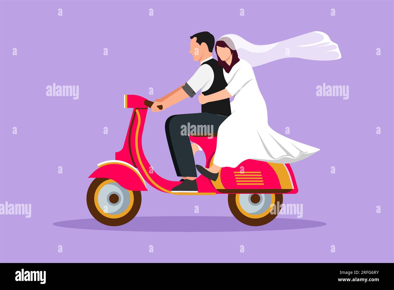 Graphic flat design drawing happy married couple riding motorcycle. Man ...