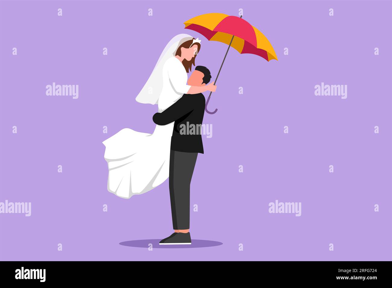 Graphic flat design drawing couple in love under rain with umbrella ...