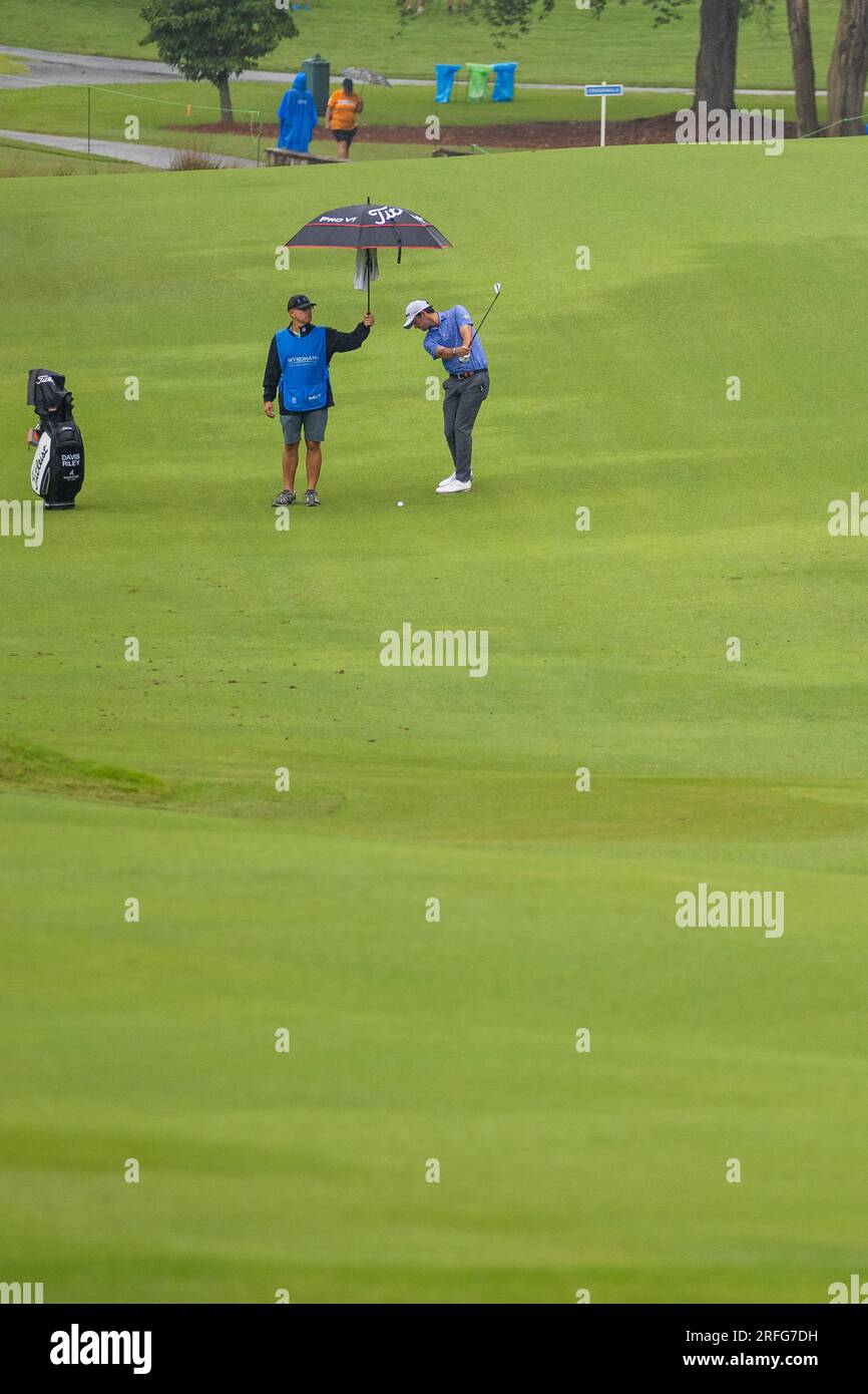 August 3, 2023: Davis Riley sets up his second shot on nine during the ...