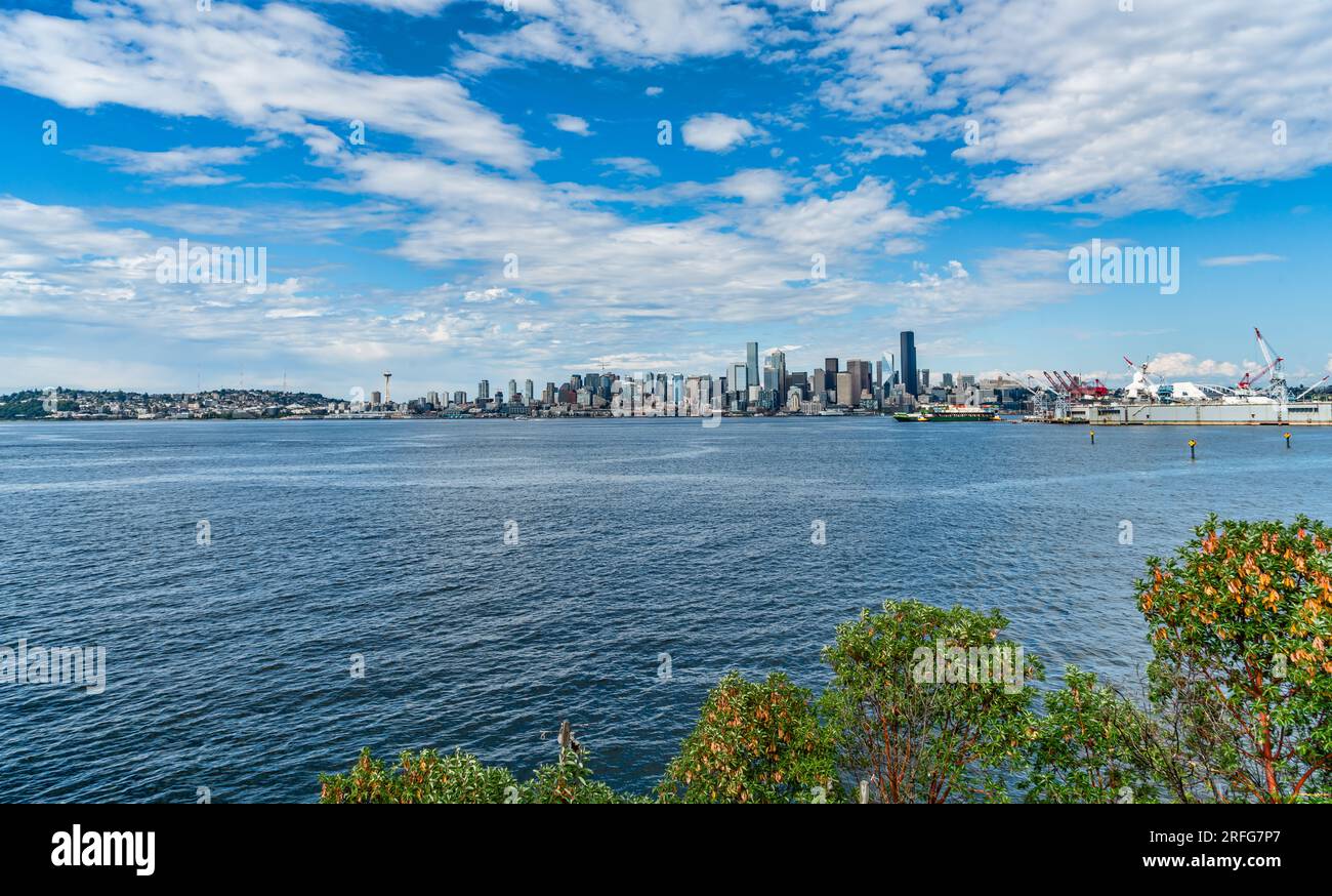 A view of the Seattle skyline across Elliott Bay in Washington State ...