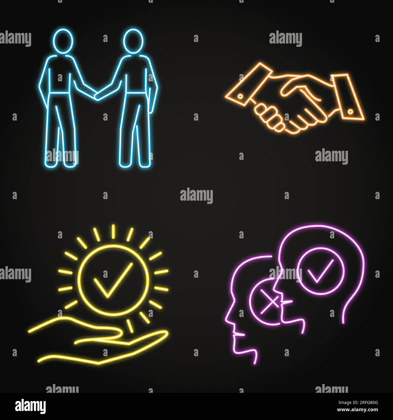 Agreement and cooperation neon line icon set. Business deal, handshake ...