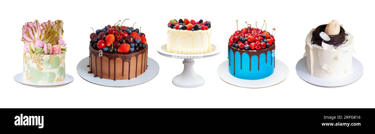 Assortment of different beautiful colorful cakes, isolated on white ...