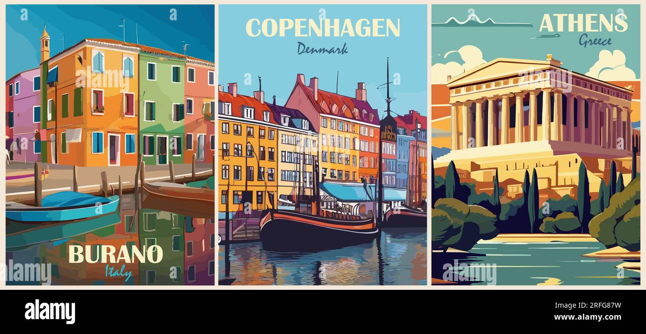Set of Travel Destination Posters in retro style Stock Vector Image ...