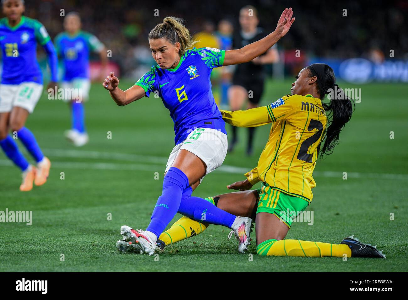 Tamires Dias (L) of Brazil and Cheyna Matthews (R) of Jamaica are seen ...
